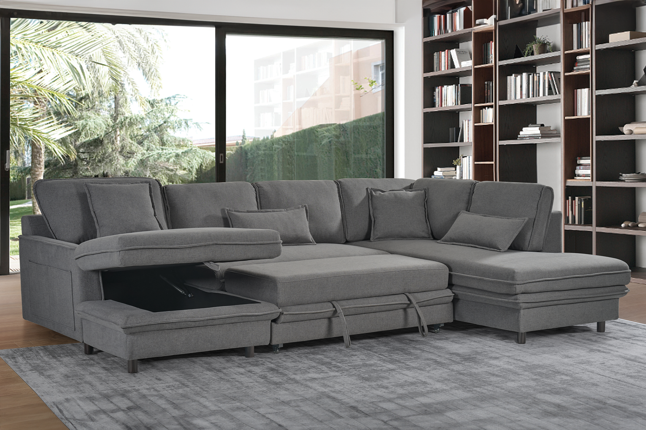 Fabric Linen Dark Grey Right Hand Facing Corner Sofa Bed KANSAS