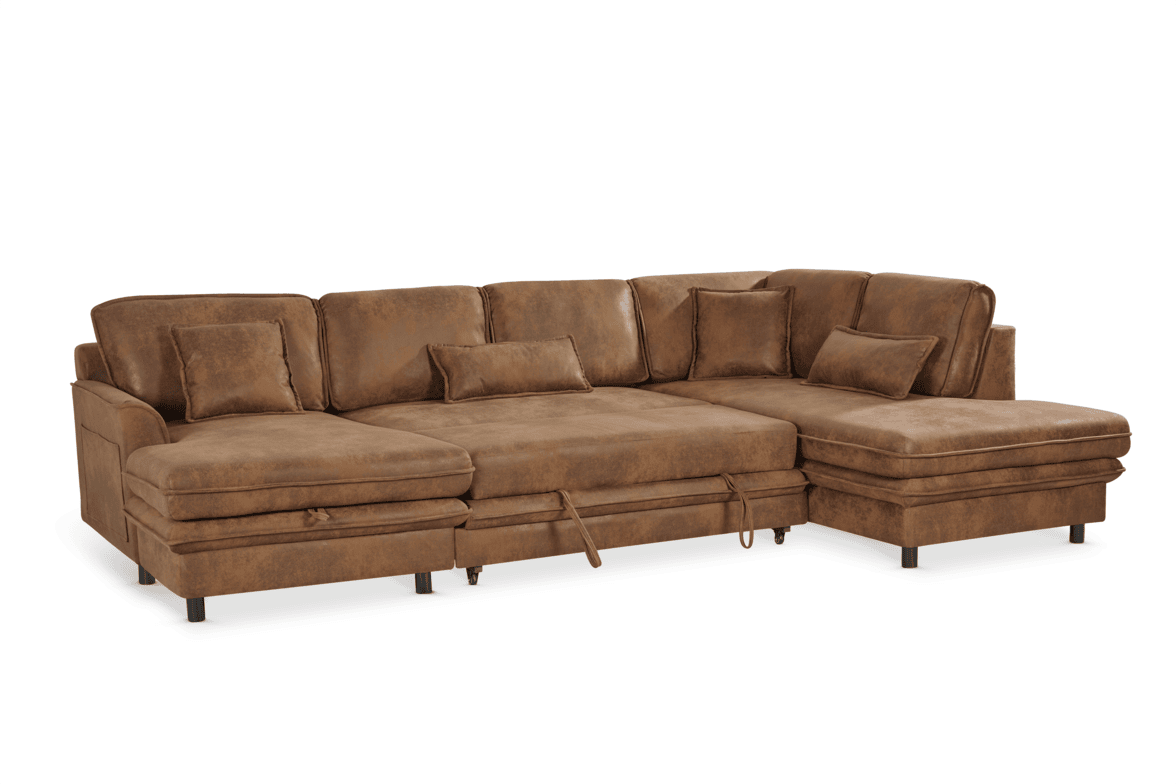 Faux Leather Suede Brown Right Hand Facing Corner Sofa Bed KANSAS