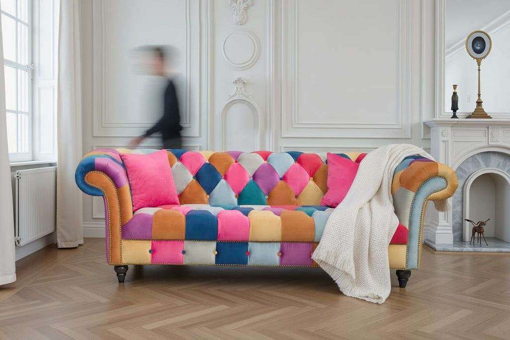 Multicoloured Velvet Patchwork 2 Seater Scroll Arm Chesterfield Sofa ...