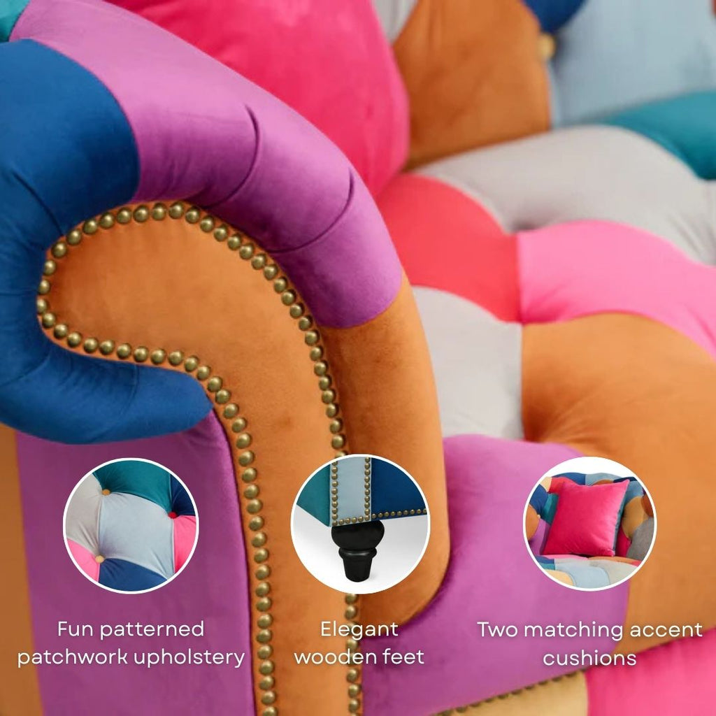 Multicoloured Velvet Patchwork 2 Seater Scroll Arm Chesterfield Sofa ...