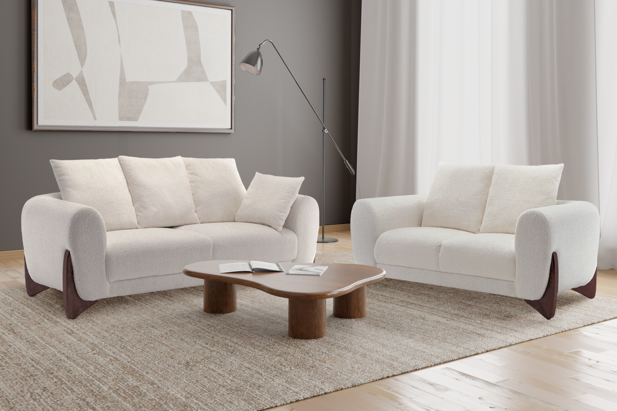 Teddy Boucle Fabric White 3 2 Seater Vernazza Sofa Set