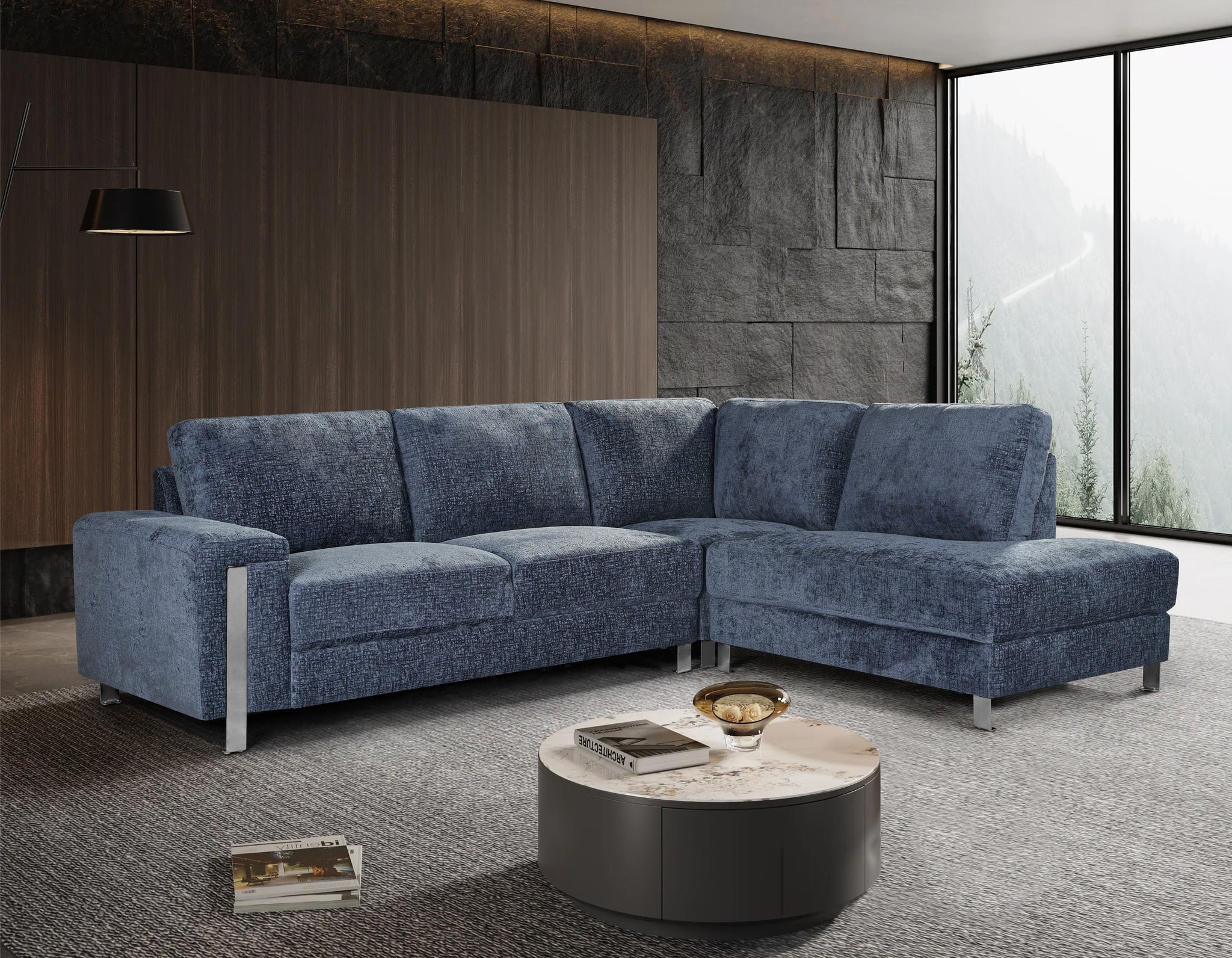 Textured Chenille Blue Right Hand Facing Ostuni Corner Sofa Lovesofas